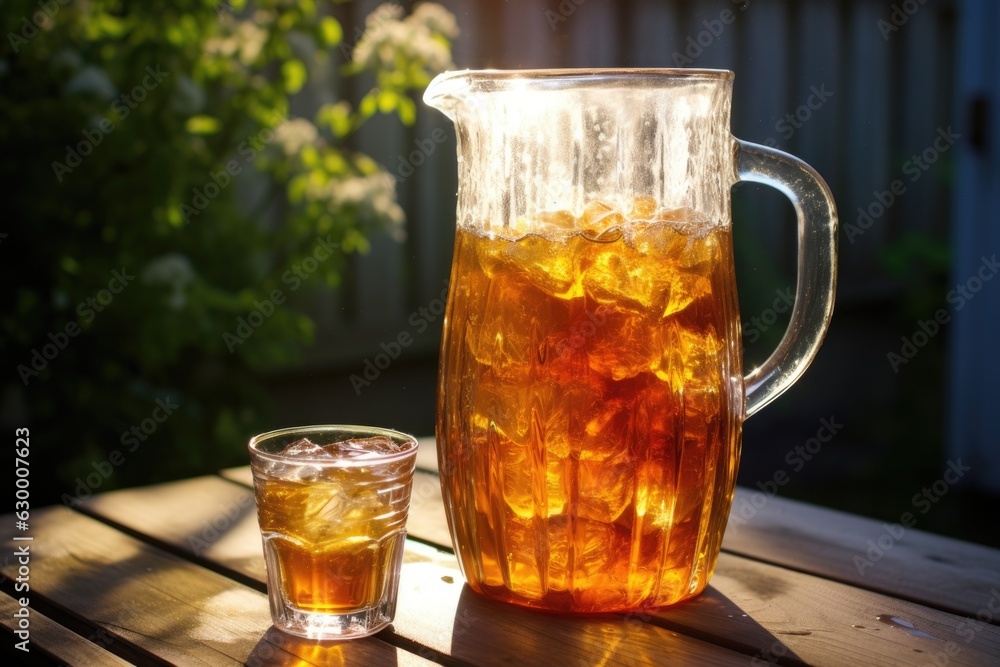 condensation on a glass pitcher filled with iced tea outdoors Stock ...