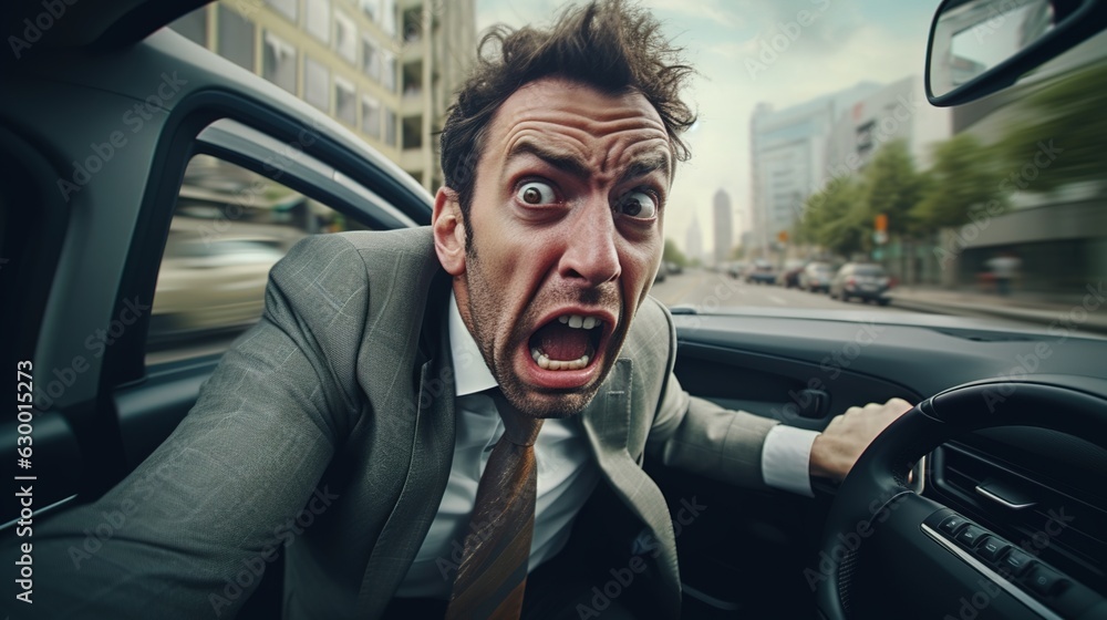 Angry male car driver yells at other drivers and pedestrians who ...