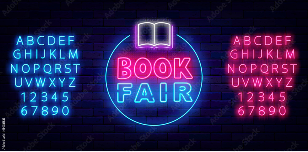Book fair neon label. Open book in circle frame. Glowing advertising ...