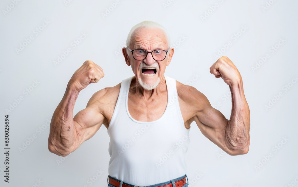 An elderly muscular strong man shows his bicepss, isolated on white ...