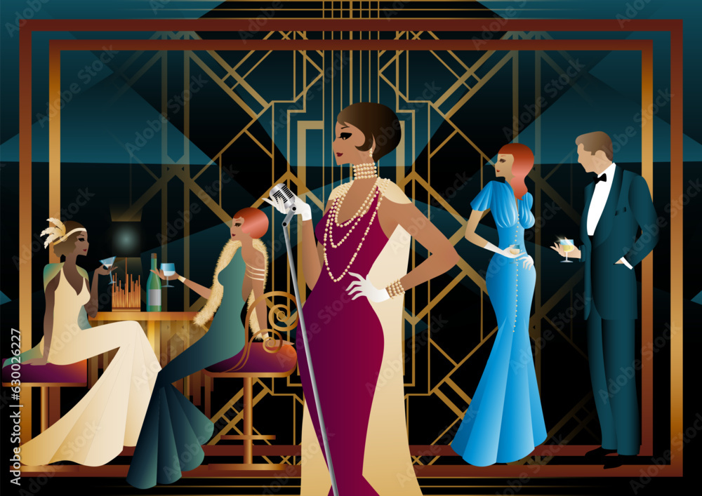 Sexy young girl singer singing with silver retro microphone on dark ...