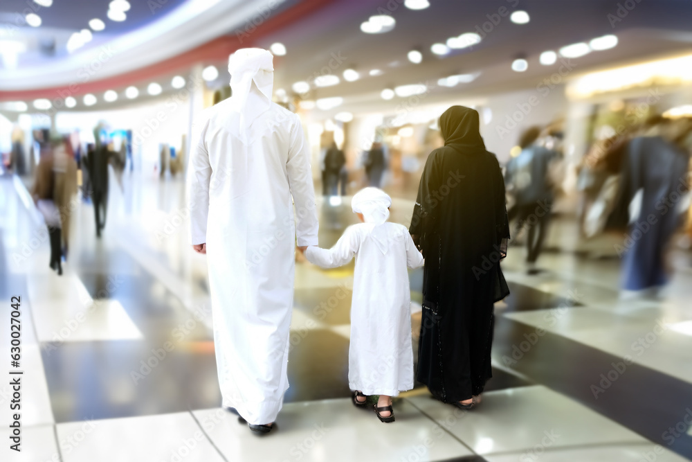 Arab Emirati family walking together at indoor shopping mall, station ...