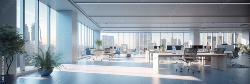 Daytime office space with row of working office table and work station ...