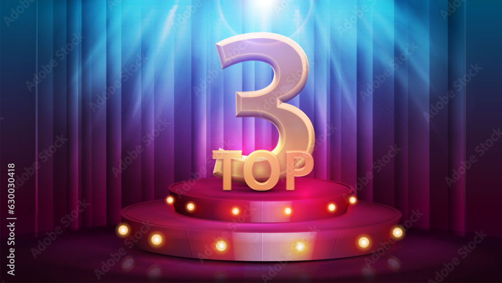 Top 3, banner with red podium with award, bulb lights and spotlight on ...