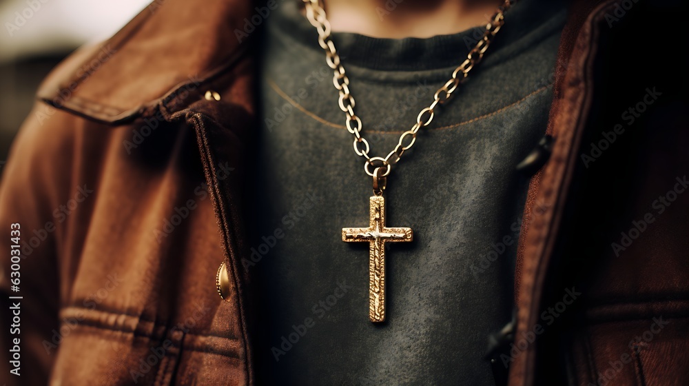 Christian cross on man neck. Golden christ cross on a chain around the ...
