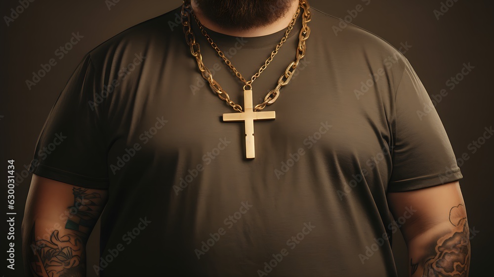 Christian cross on fat man neck. Golden christ cross on a chain around ...