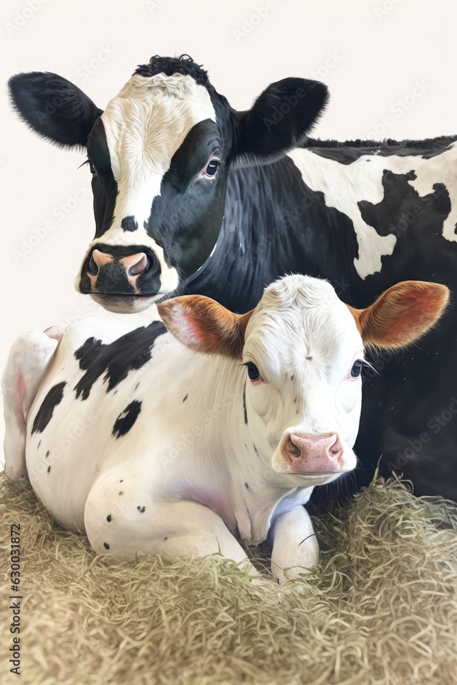 Two calf cows laying next to each other, one is a holstein, one is a ...