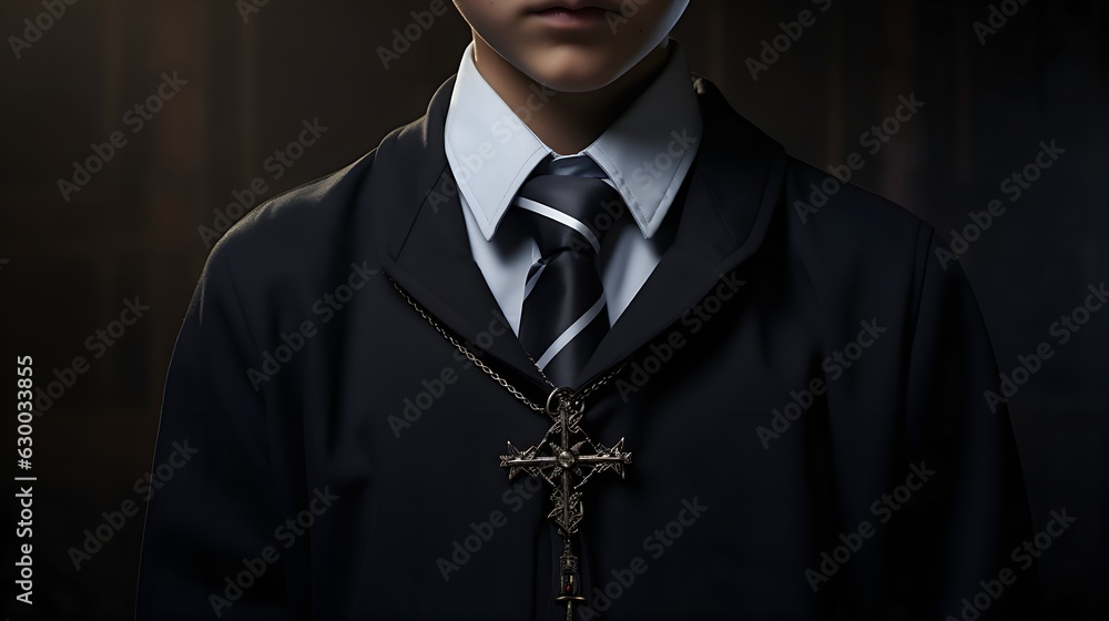 Christian cross on boy neck in a suit. Golden christ cross on a chain ...
