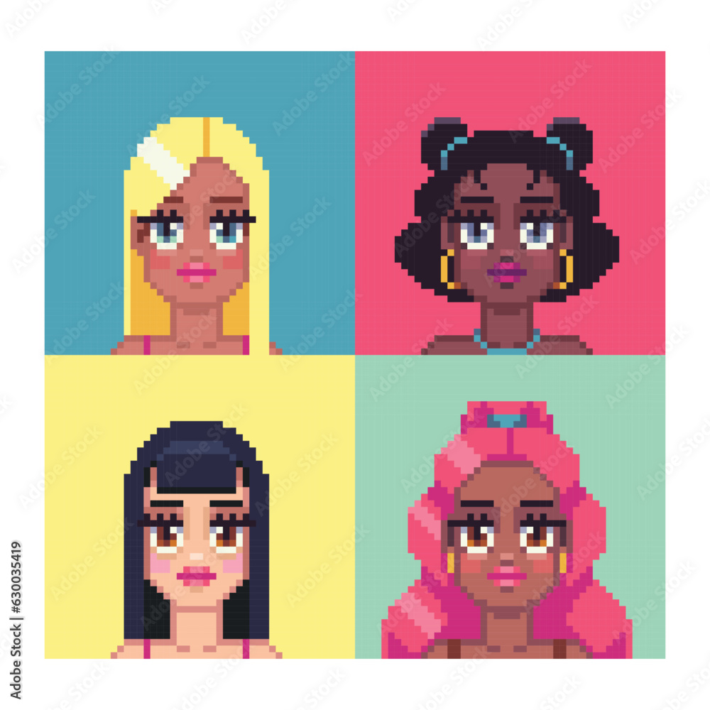 Awesome set of barbie style girls. Pixel art people avatars. Vector ...