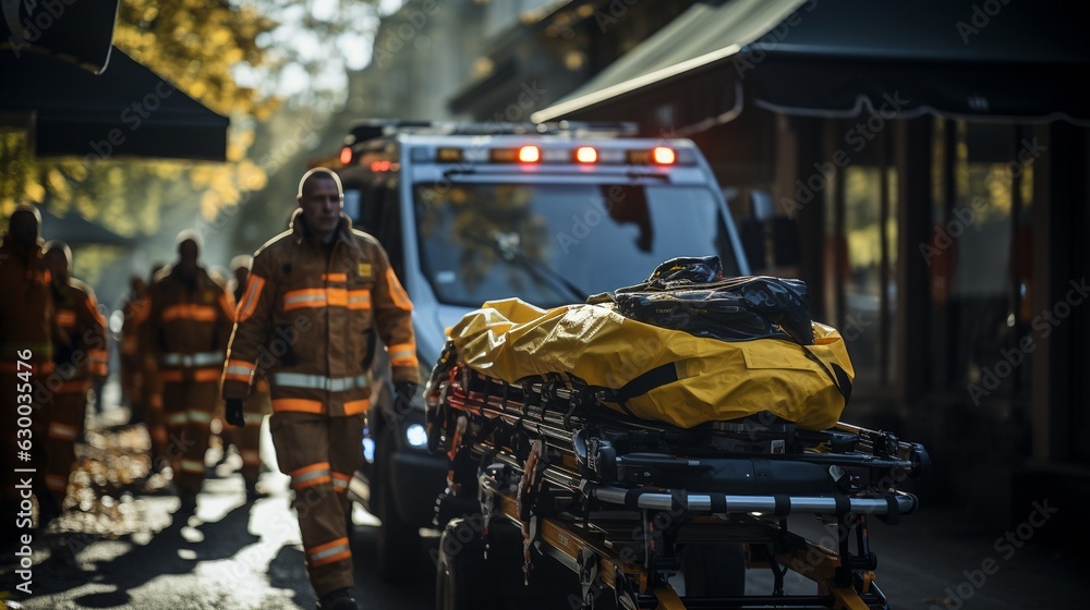 Rolling the ambulance stretcher is a paramedic. Stock Photo | Adobe Stock