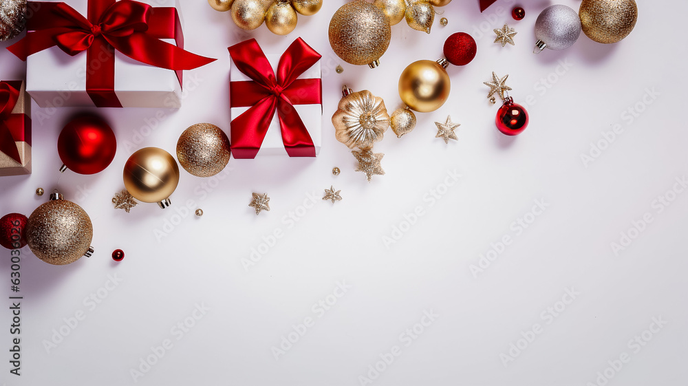 Arrière plan de noël avec boules et décoration dorée et rouge ...