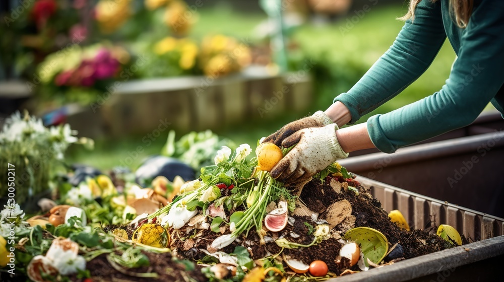 Photo & Art Print Person composting food waste in backyard compost bin ...