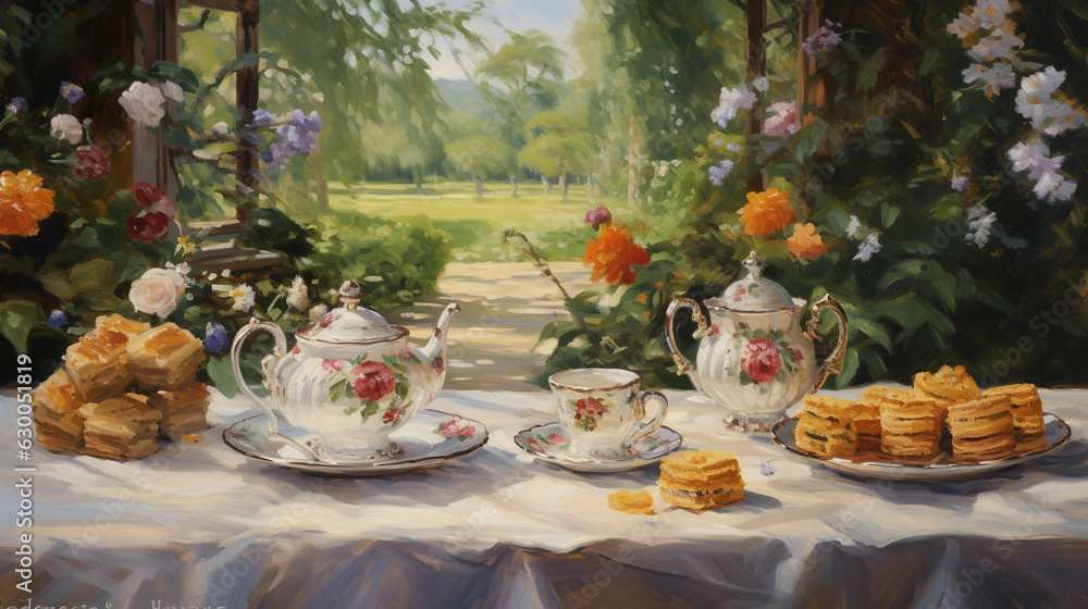 oil painting of a classic British afternoon tea, detailed pastries ...