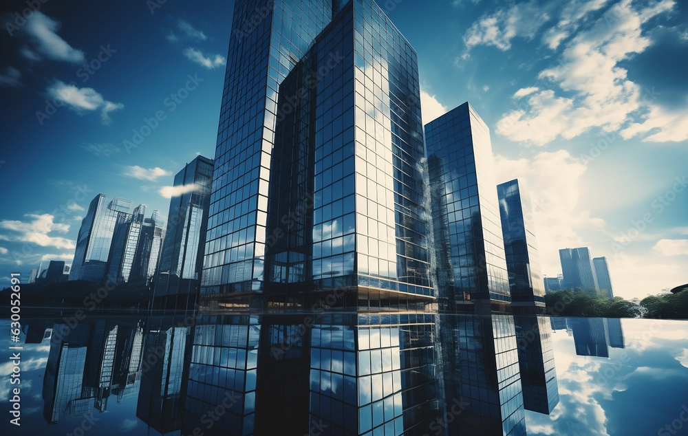 Reflective skyscrapers, business office buildings. Low angle ...