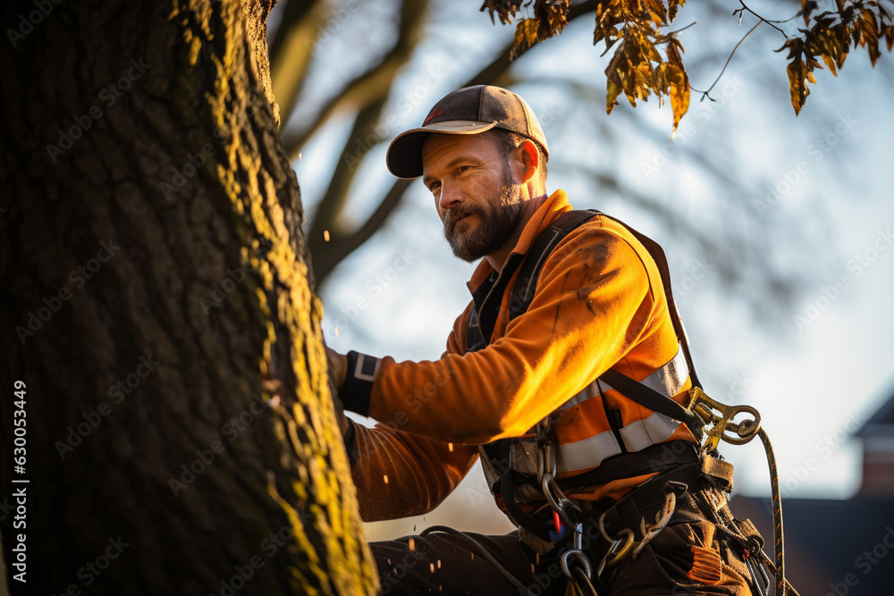an arborist in the act of pruning trees, demonstrating the skills and ...