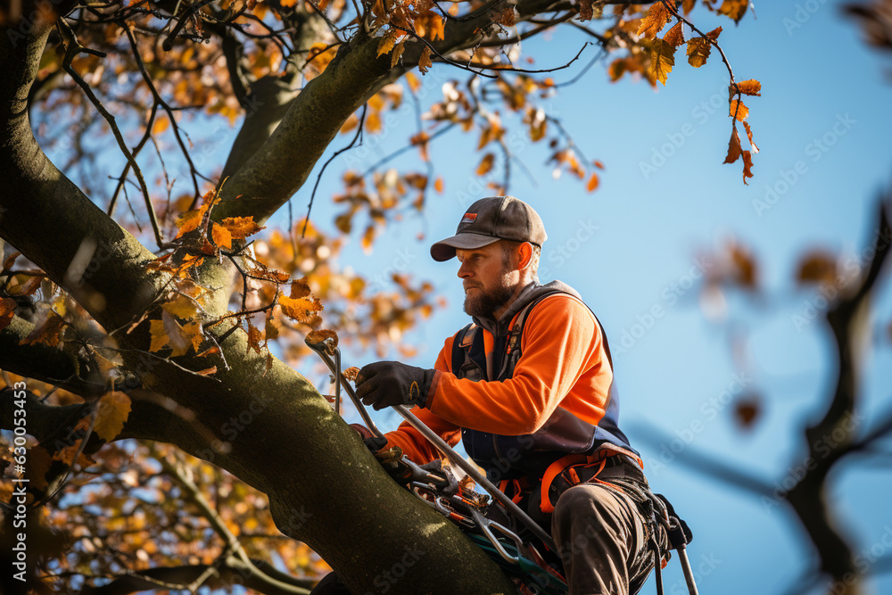 an arborist in the act of pruning trees, demonstrating the skills and ...