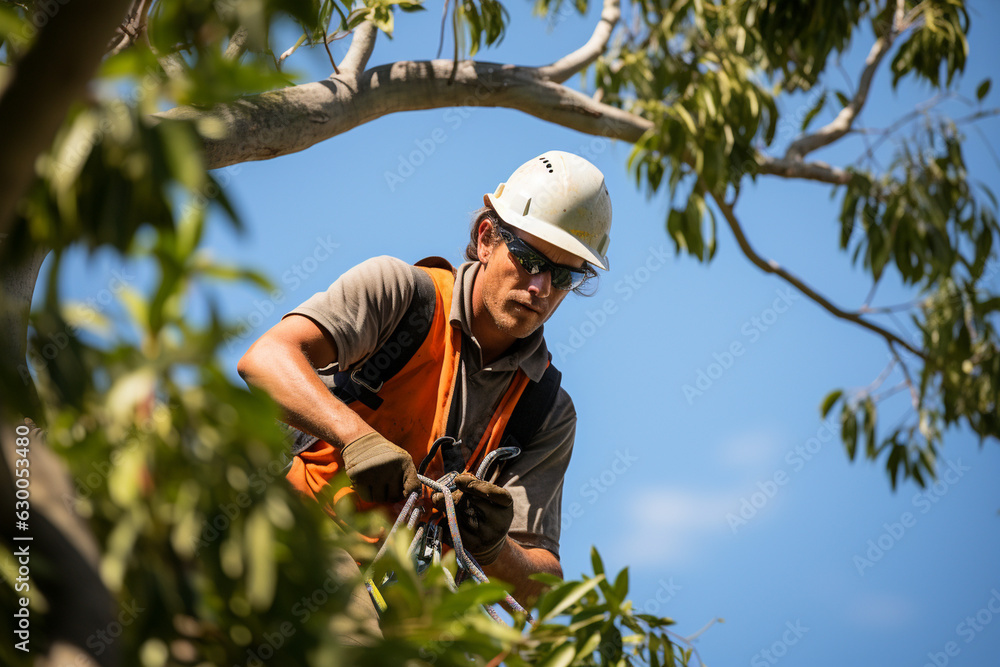 an arborist in the act of pruning trees, demonstrating the skills and ...