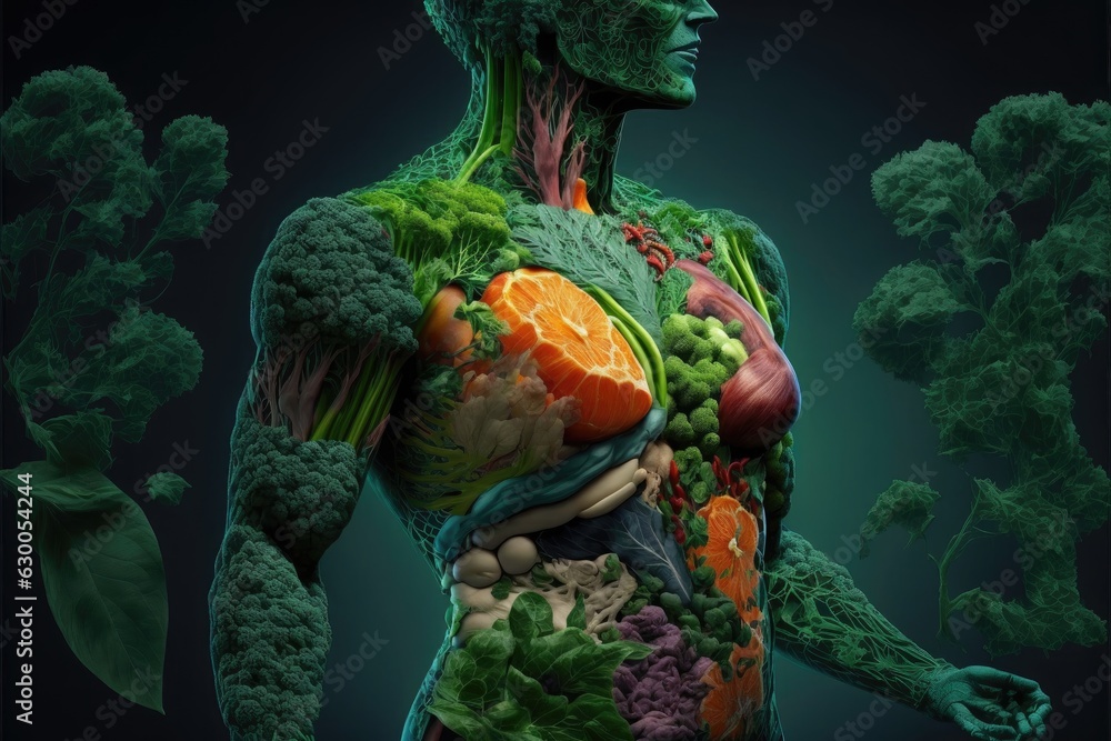 Human body shape vegetable and fruit torso. Surrealism and abstract art ...