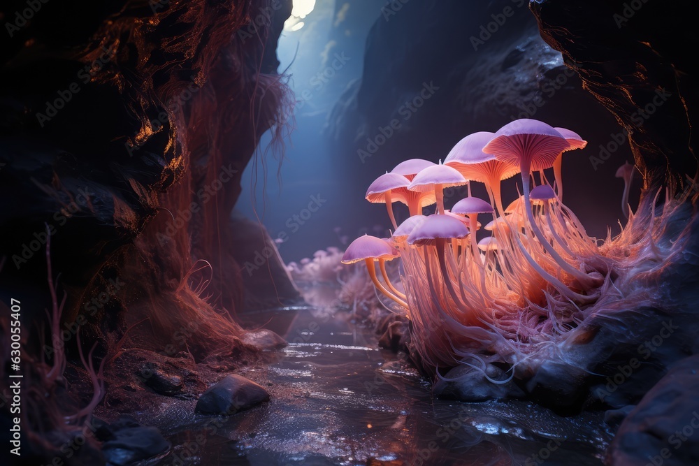 An undiscovered cave with bioluminescent fungi - AI Generated Stock ...