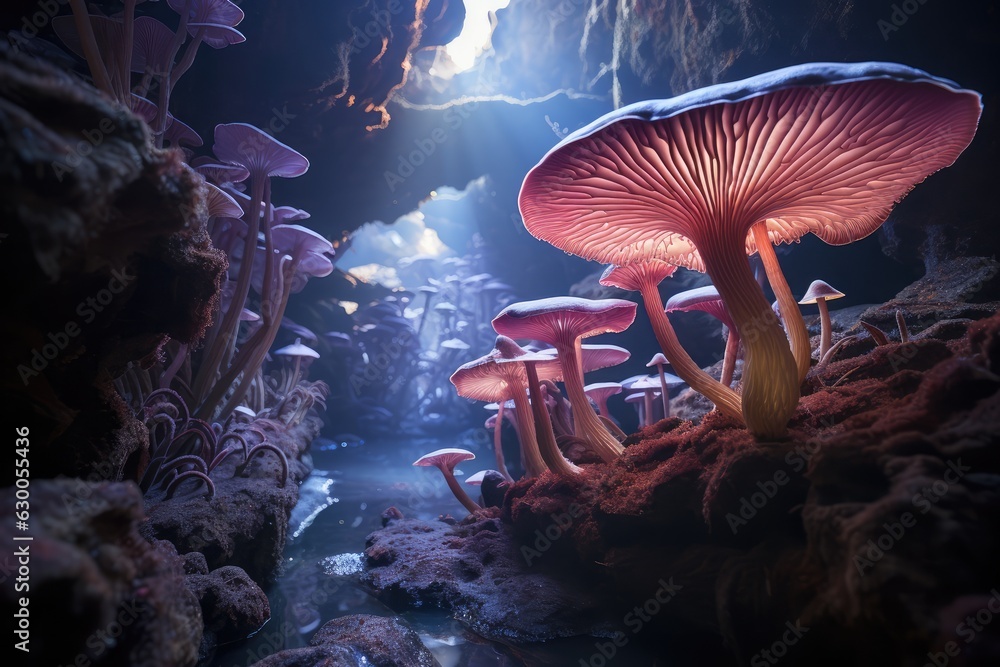 An undiscovered cave with bioluminescent fungi - AI Generated Stock ...