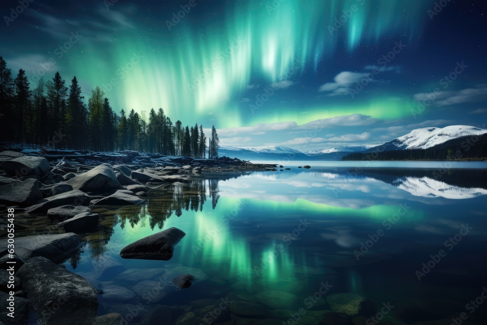 Aurora borealis over a crystal clear lake in Lapland - AI Generated ...