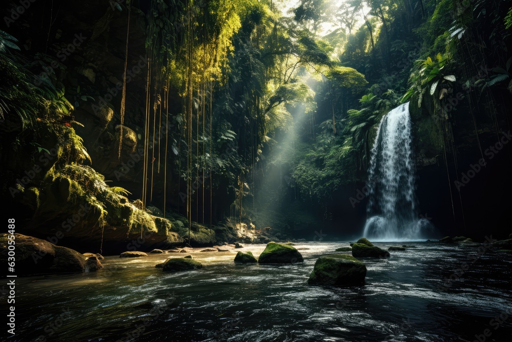 Deep in the Amazon rainforest, a hidden waterfall - AI Generated Stock ...
