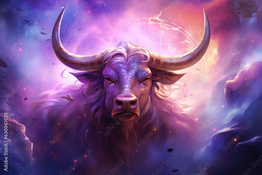 Purple animal bull with a purple background, fantasy style, taurus sign ...