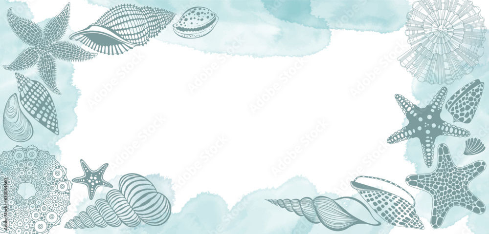 Pre-made design with shells, starfish and sea urchin , watercolor ...