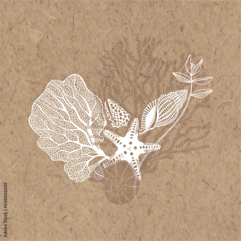 Pre-made design with seashells, starfish and seaweed on kraft paper ...
