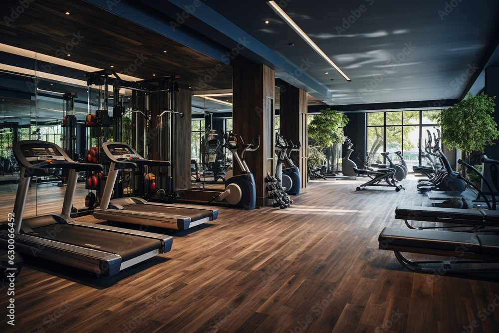 ภาพประกอบสต็อก the hotel's fitness center and gym, with modern exercise ...