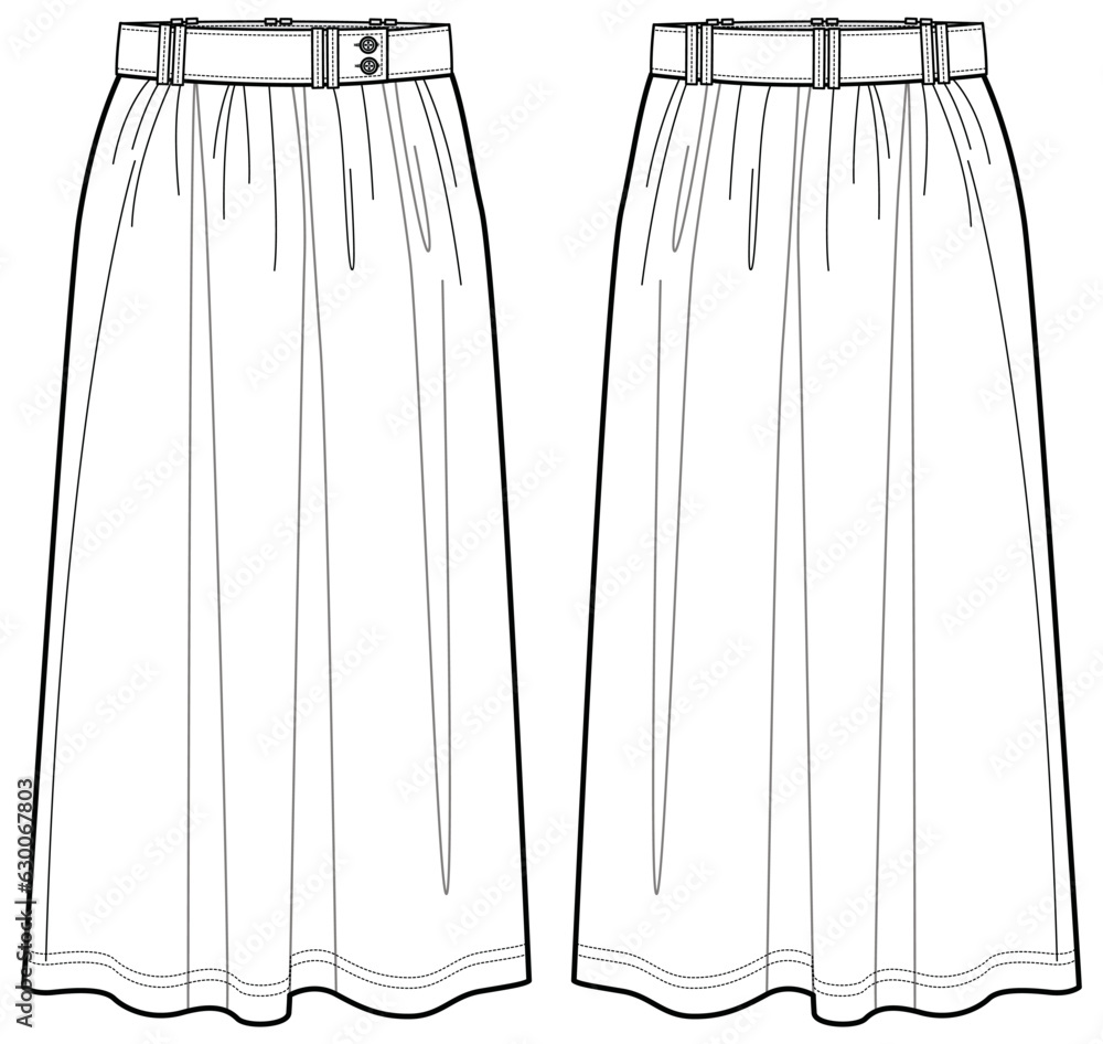 Women maxi Skirt flat sketch illustration, Womens long skirt font and ...