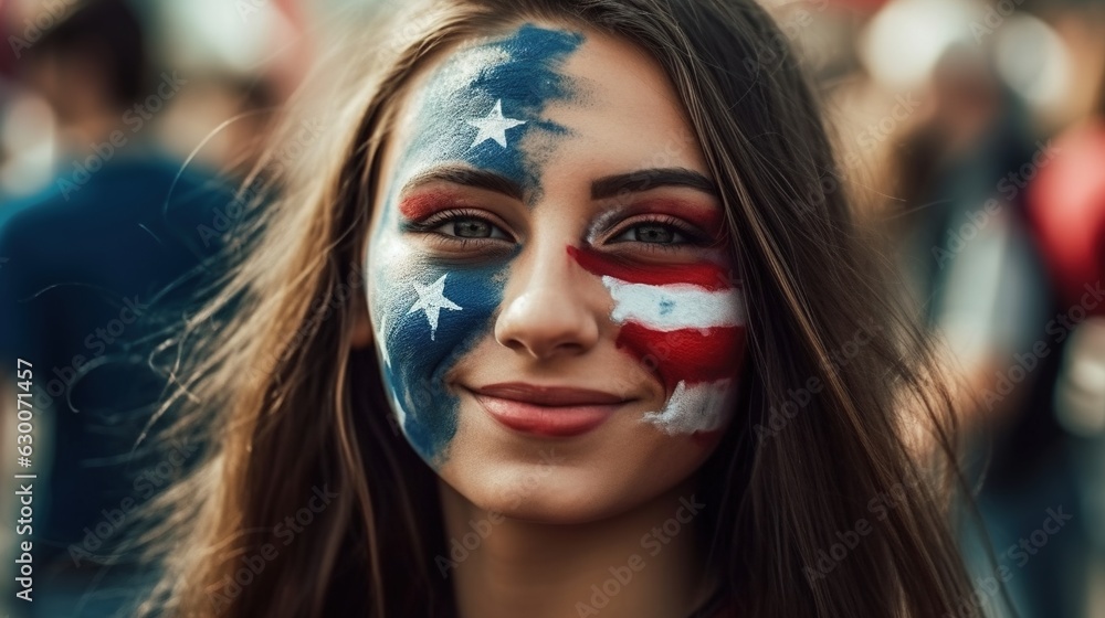 Joyful fan girl in the colors of the U.S in a crowd of fans. Flag of ...