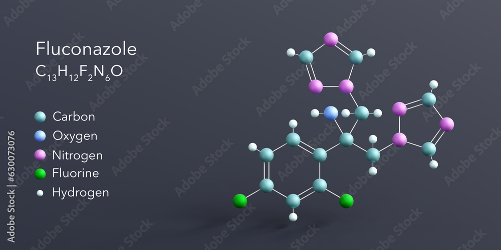 fluconazole molecule 3d rendering, flat molecular structure with ...