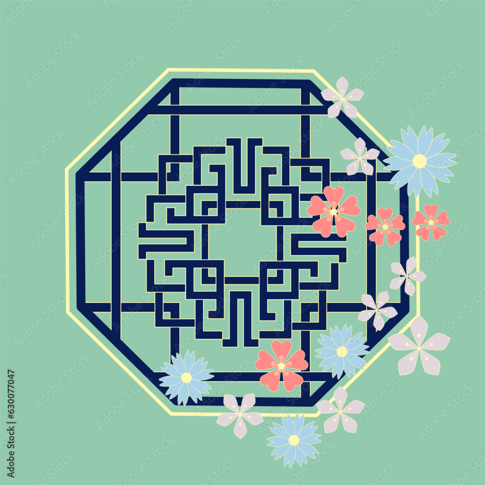 Chinese traditional window. Round frame in red flowers. Hand drawing of ...