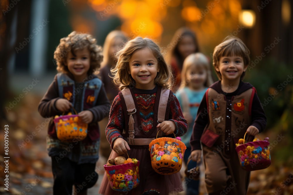 Trick-or-Treaters, kids in colorful costumes going door-to-door for ...