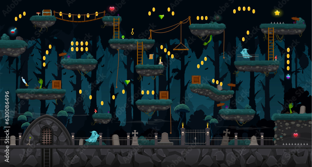 Poster Cemetery game level map, ui vector night graveyard background ...