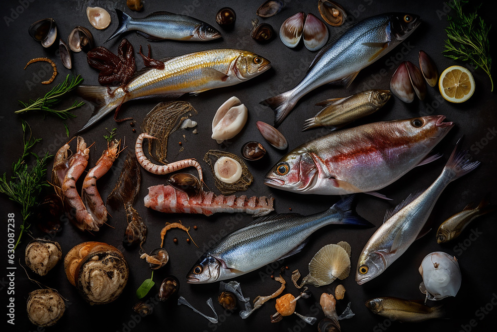 Different fish and seafood, shrimp on black, food background, useful ...