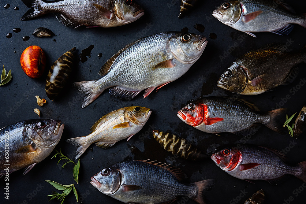 Different fish and seafood, shrimp on black, food background, useful ...