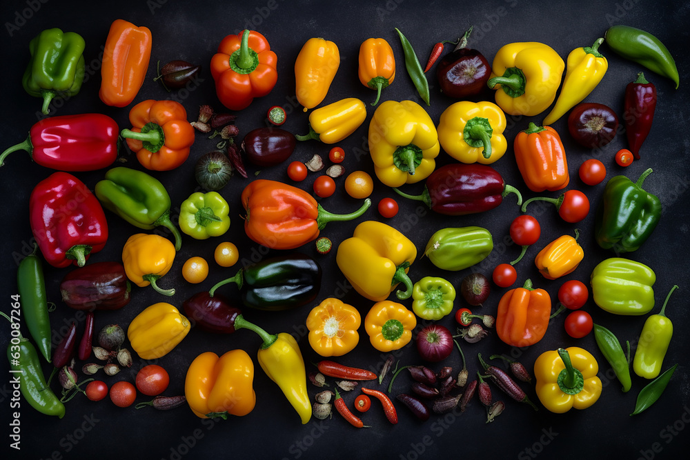 Different varieties of peppers, bright food background, orange yellow ...