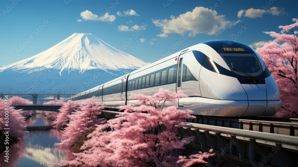 Shinkansen or bullet trains run through Mount Fuji and Shibazakura in spring. Shinkansen in ...