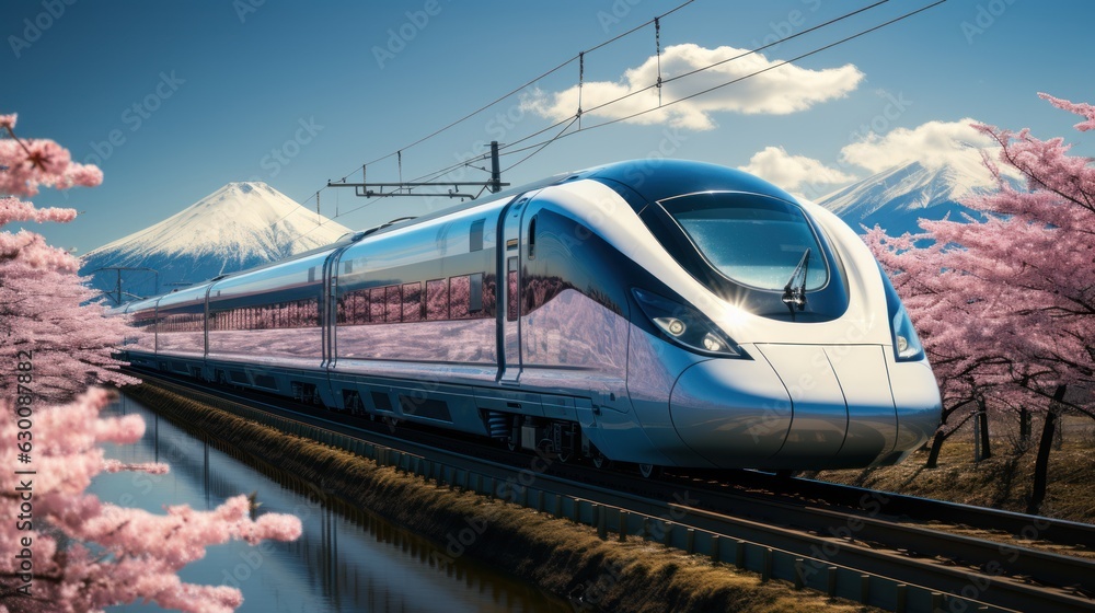 Shinkansen or bullet trains run through Mount Fuji and Shibazakura in spring. Shinkansen in ...