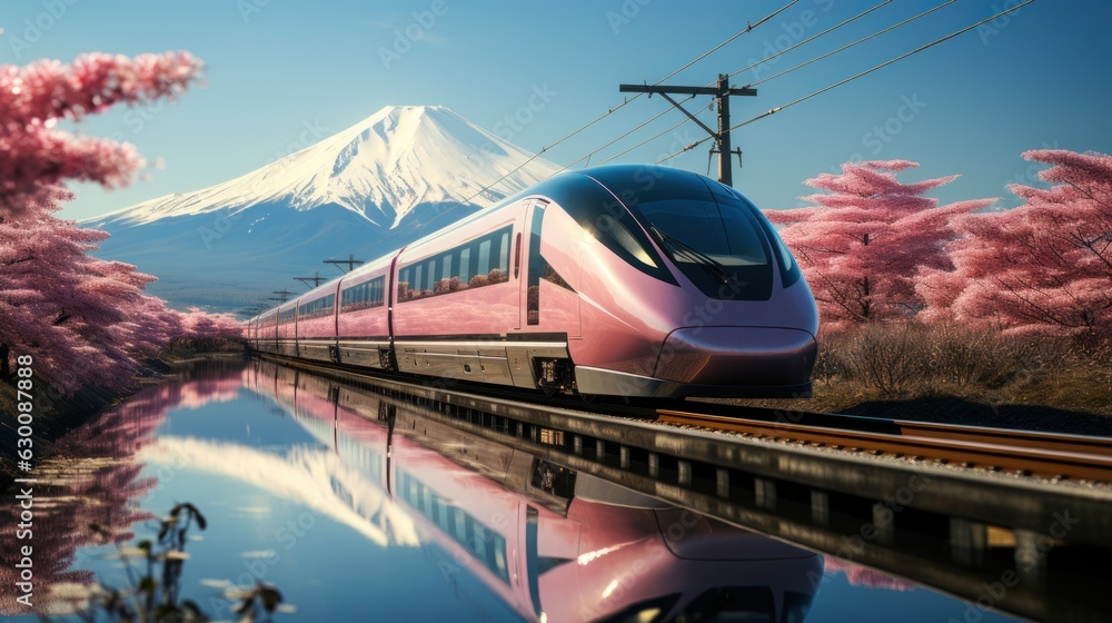 Shinkansen or bullet trains run through Mount Fuji and Shibazakura in spring. Shinkansen in ...