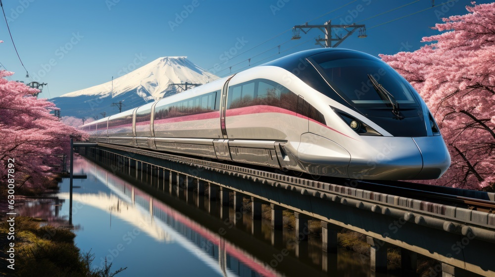 Shinkansen or bullet trains run through Mount Fuji and Shibazakura in spring. Shinkansen in ...