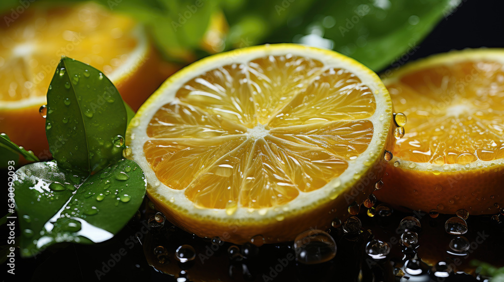 Lemon citrus background. Flying Lemon with green leaf background. Lemon ...