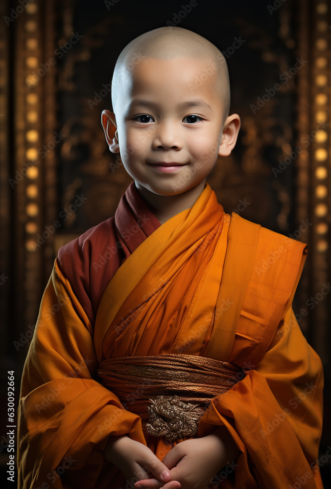 little boy monk posing religious yoga happy meditative relaxation ...