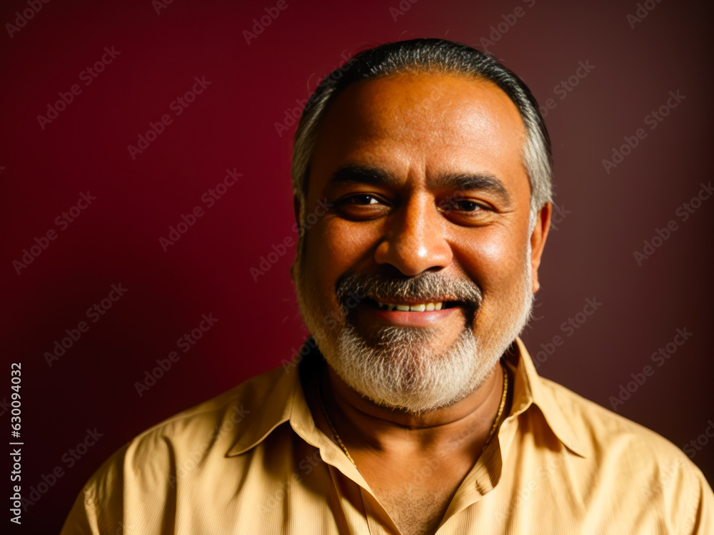 Portrait of the middle age bearded indian man with a cheerful smile ...