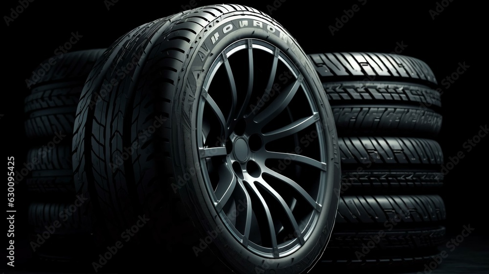 Black round car tires with rubber tread on alloy wheels on a black ...