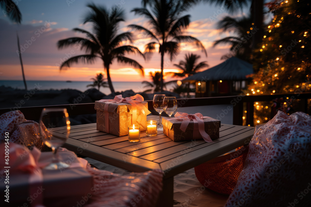 Christmas romantic dinner with gifts on a tropical beach background ...
