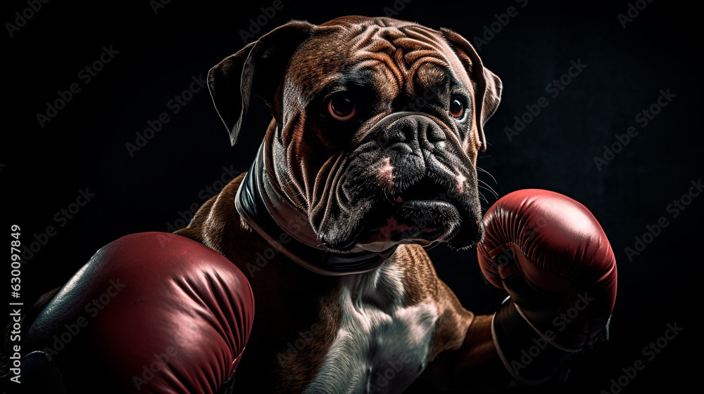 image of a boxer dog, wearing boxing gloves, on a dark background ...