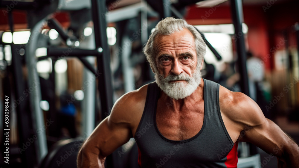 Strength without age: elderly athletic man, in excellent physical shape ...
